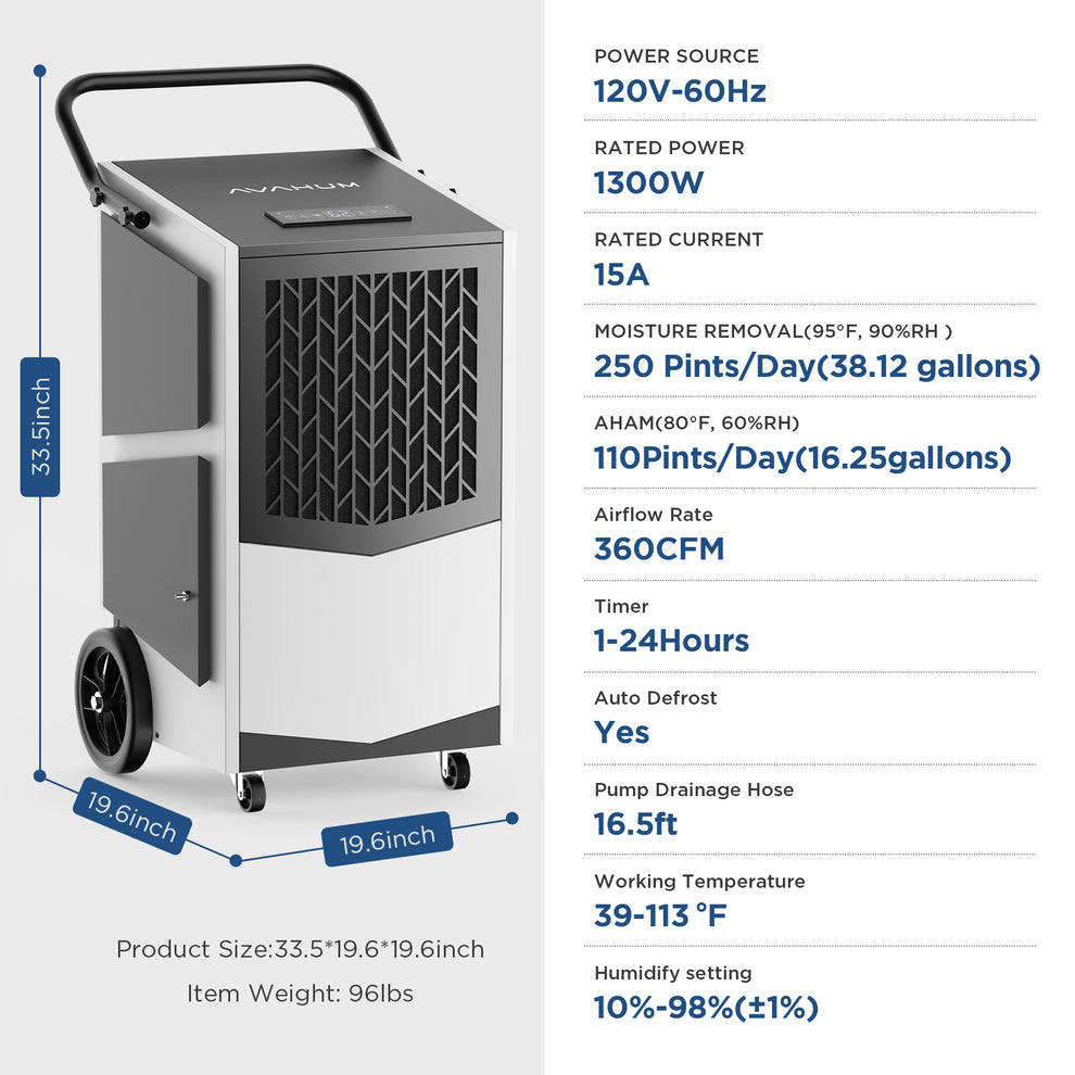 AVAHUM 250 Pint Commercial Dehumidifier with Pump with Drain Hose for ...